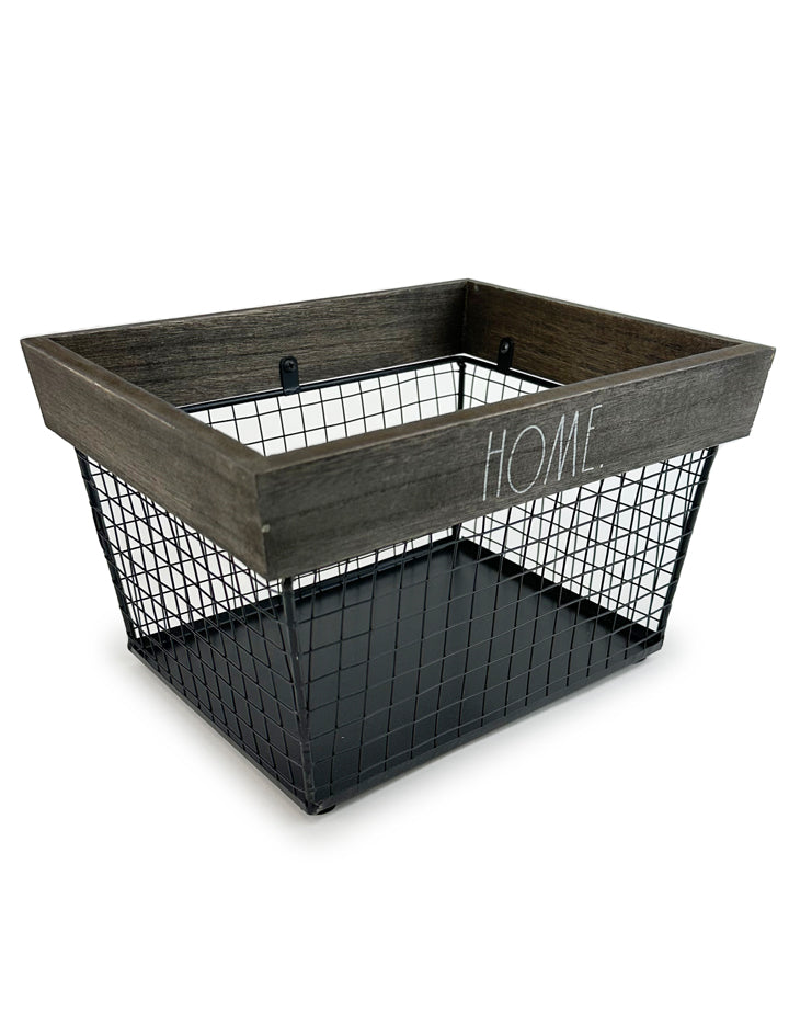 Rae Dunn “Home” Black Wired Basket with Rustic Wooden Frame | DesignStyles
