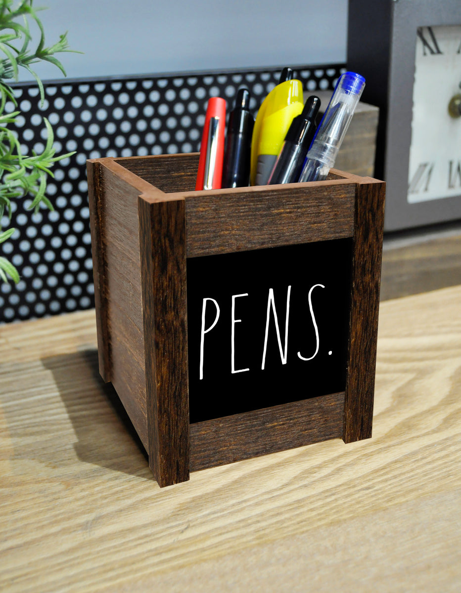 Rae Dunn “Pens” Dark Wooden Squared Pen / Pencil Holder | DesignStyles