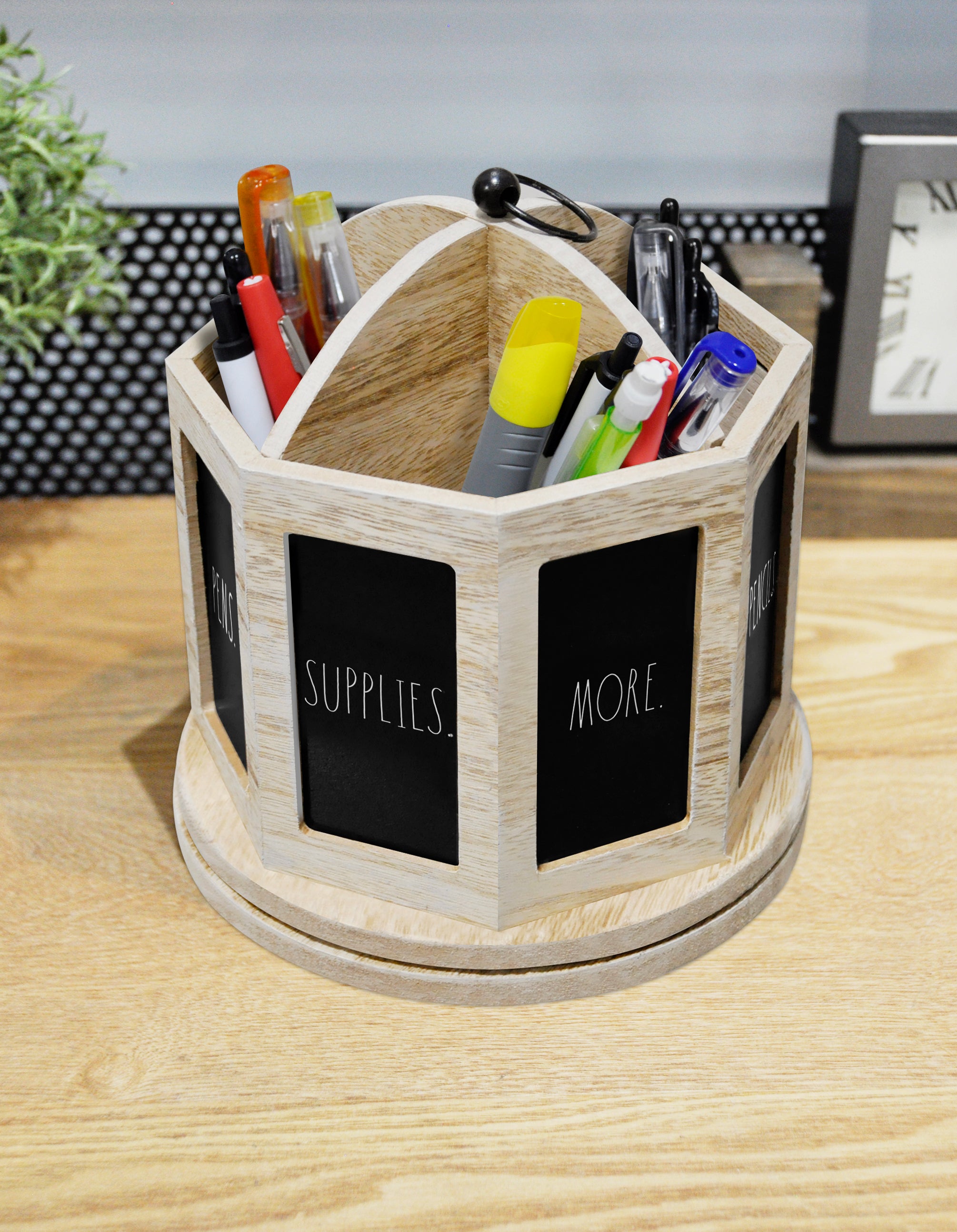 Rae Dunn “Pens” Wooden 4 Sections Spinning Pencil Holder | DesignStyles