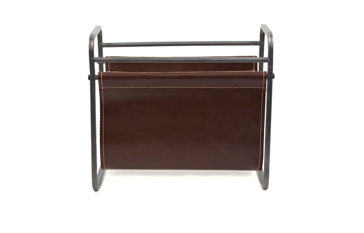 Free Standing Metal Frame Brown Faux Leather Magazine Holder | DesignStyles