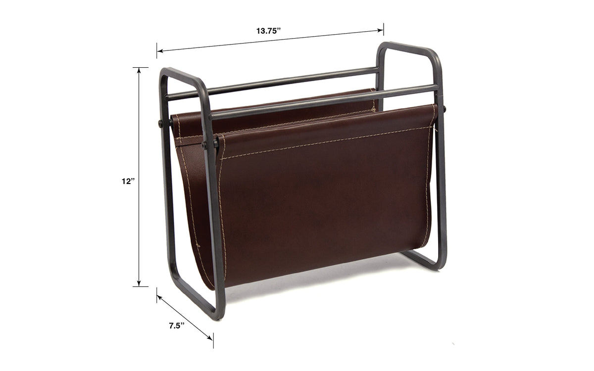 Free Standing Metal Frame Brown Faux Leather Magazine Holder | DesignStyles