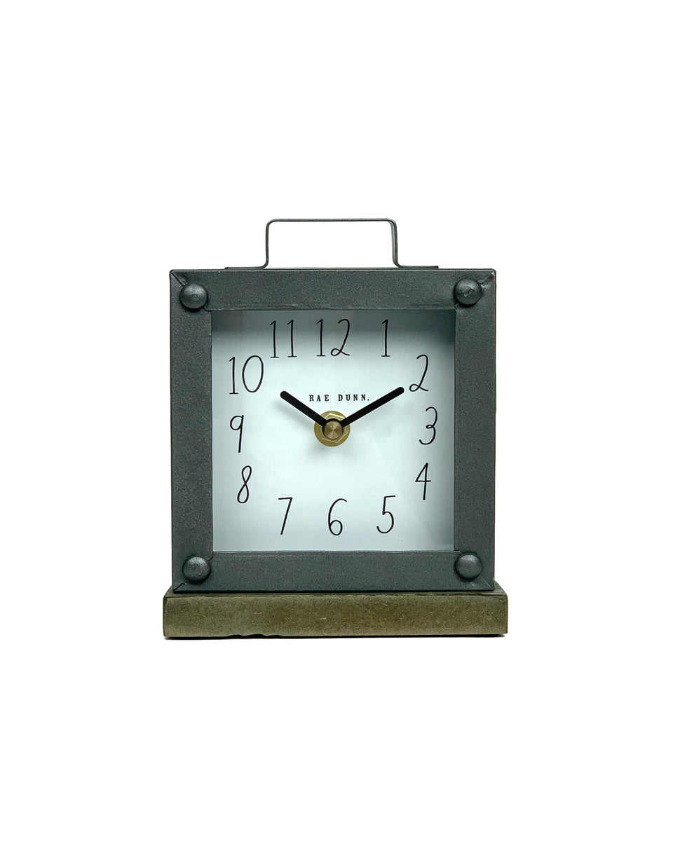 Rae Dunn Metal and Wooden-Base Squared Mantel Clock | DesignStyles