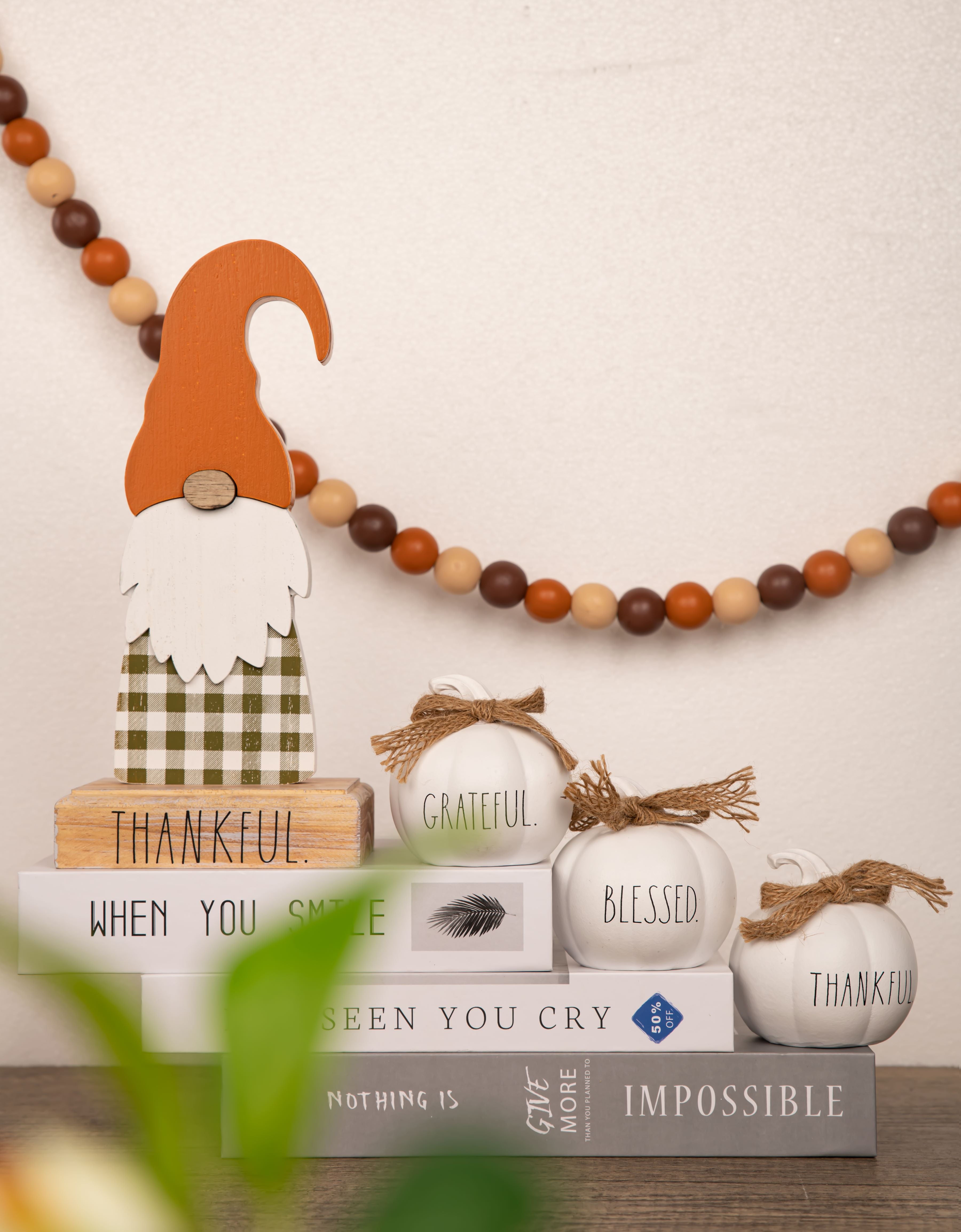 Rae Dunn Fall Décor Set: Wood Bead Garland, Gnome & Pumpkins | DesignStyles